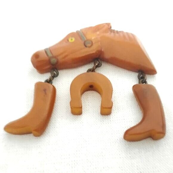Vintage | Jewelry | Bakelite Burnt Orange Equestrian Horse Head Wcowboy ...